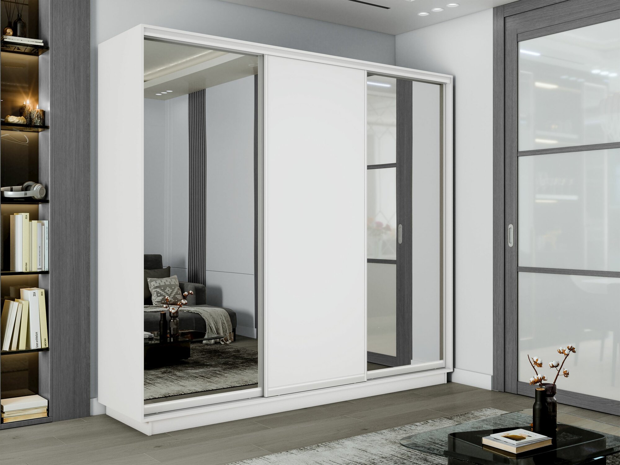 Шкаф купе Вилли 3-х дверный ЛДСП, (2-зеркала/ДСП) , профиль серебро 180 см х 220 см х 60 см (Белый Снег)