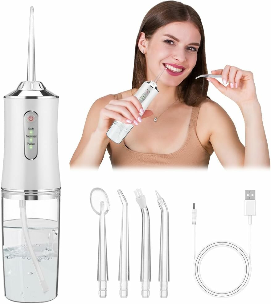 Ирригатор портативный для полости рта, 4 насадки, 3 режима, цвет белый