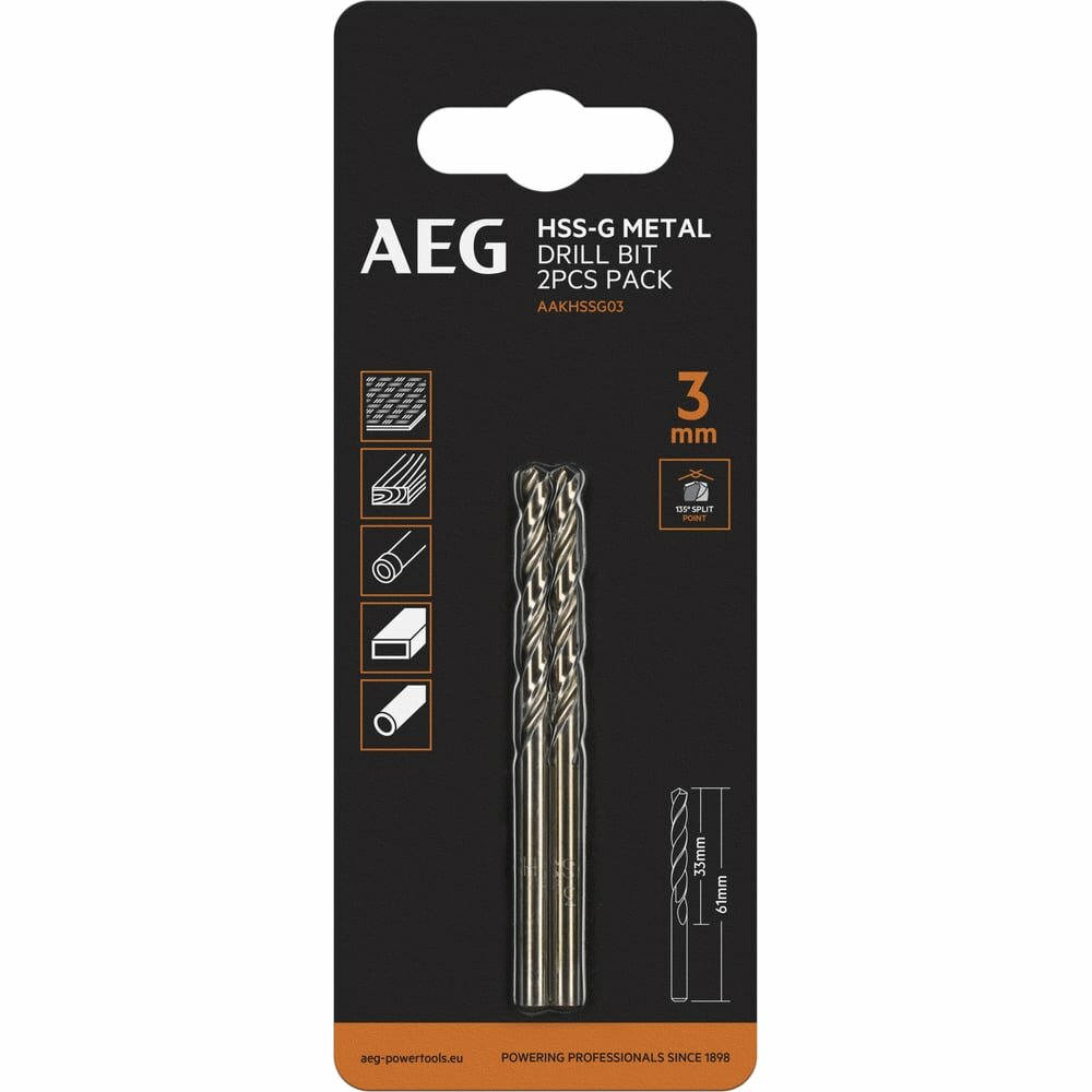 Сверло по металлу HSS-G (2 шт; 3х33х61 мм) AEG AAKHSSG03 4932479306