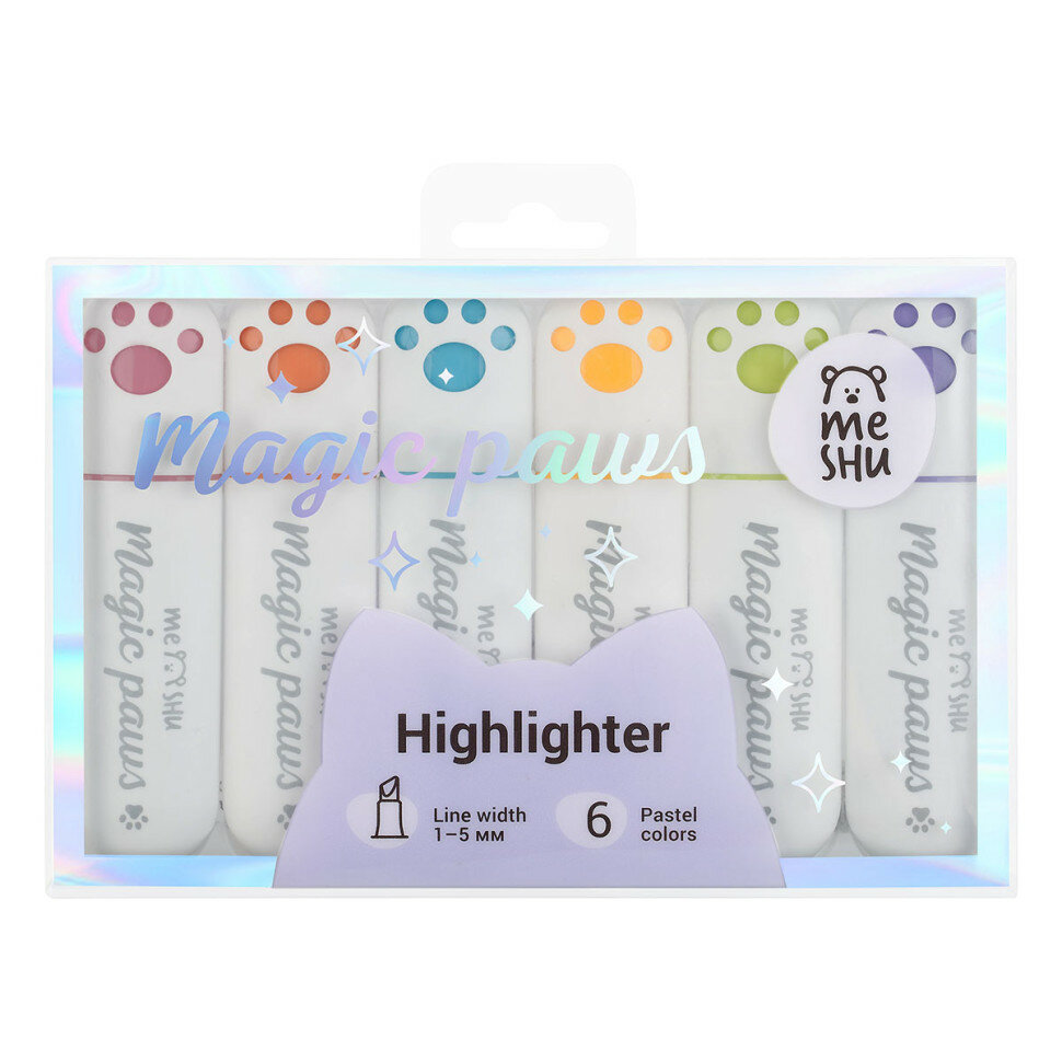 Набор текстовыделителей MESHU "Cute Paws" 06цв, пастельные цвета, 1-5мм, ПВХ бокс с европодвесом, 381717