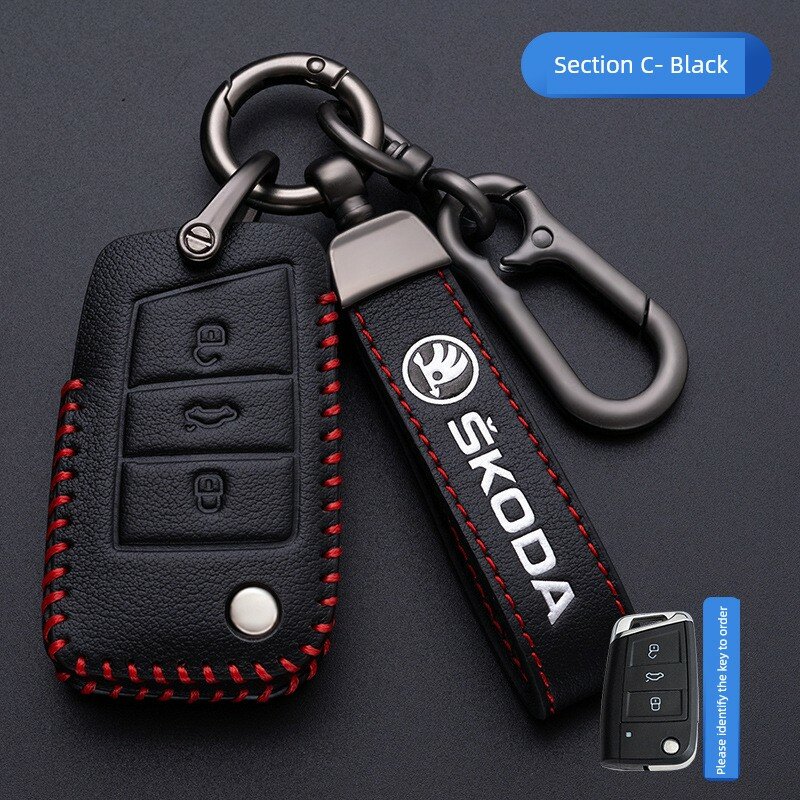 Кожаный чехол для ключей из натуральной кожи для Skoda Superb и Octavia, черный с красными полосами, премиум-качество,