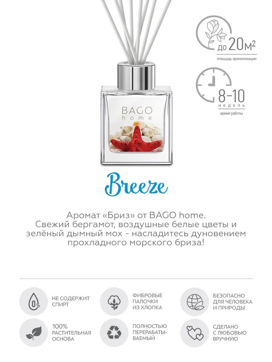 Ароматический диффузор для дома с палочками BAGO home "Бриз" 100 мл. — фото 1