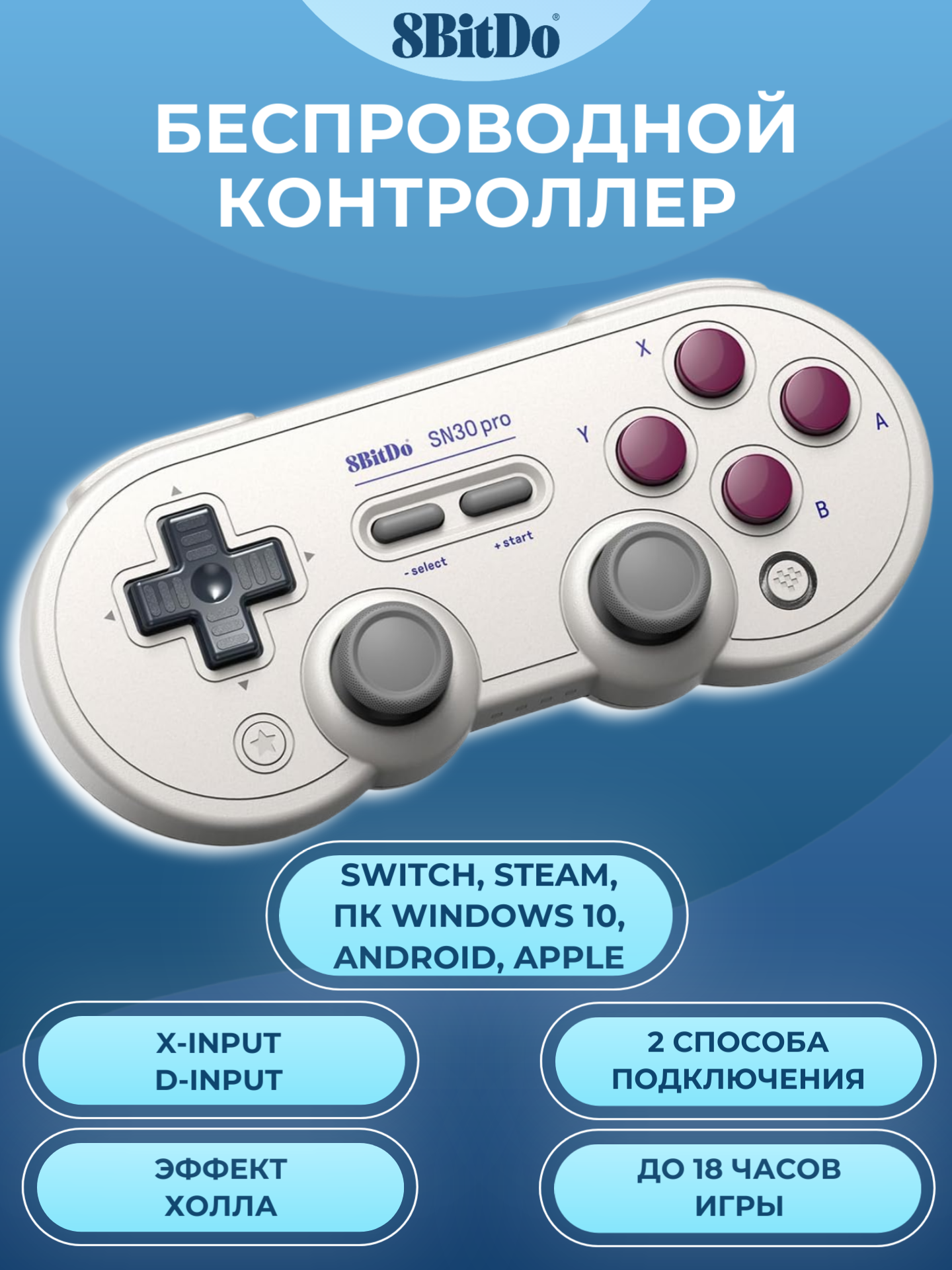 Беспроводной геймпад 8BitDo SN30 Pro для Nintendo Switch, ПК, Android, Apple и Steam, белый