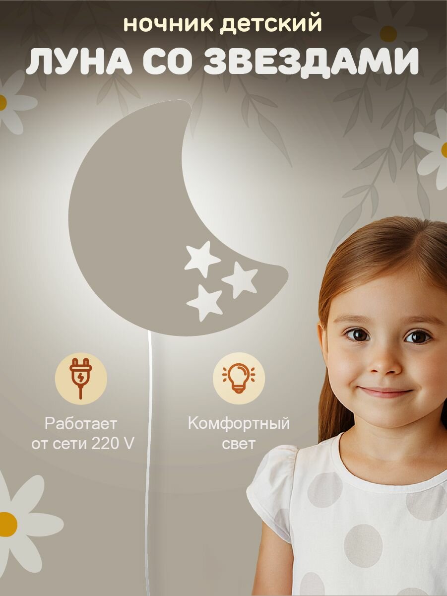 Ночник детский светильник для сна настенный луна со звёздами деревянный светодиодный 24х31 см питание от сети, 4000К