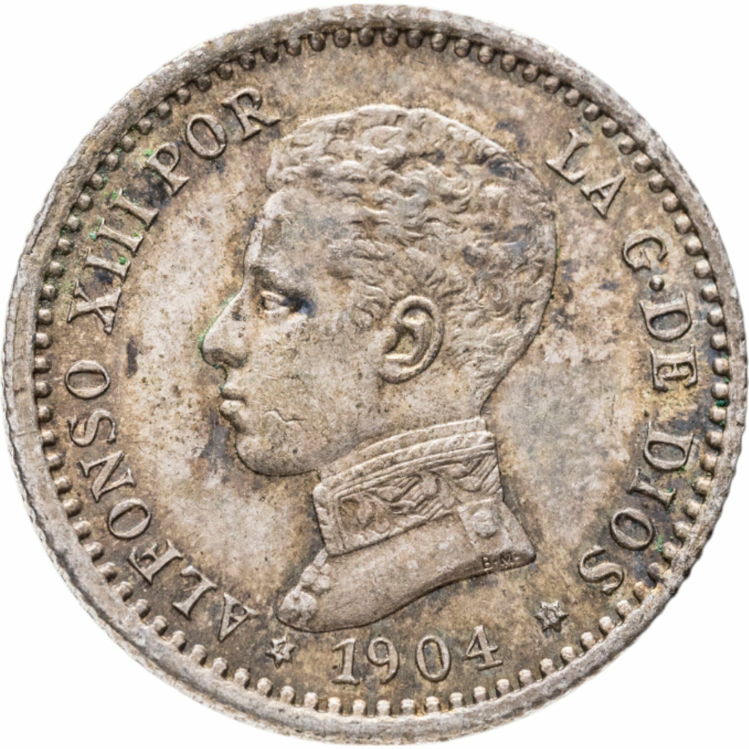 Испания 50 сентимо centimos 1904, 10 внутри звезд, Серебро 835, в сохранности AU-UNC