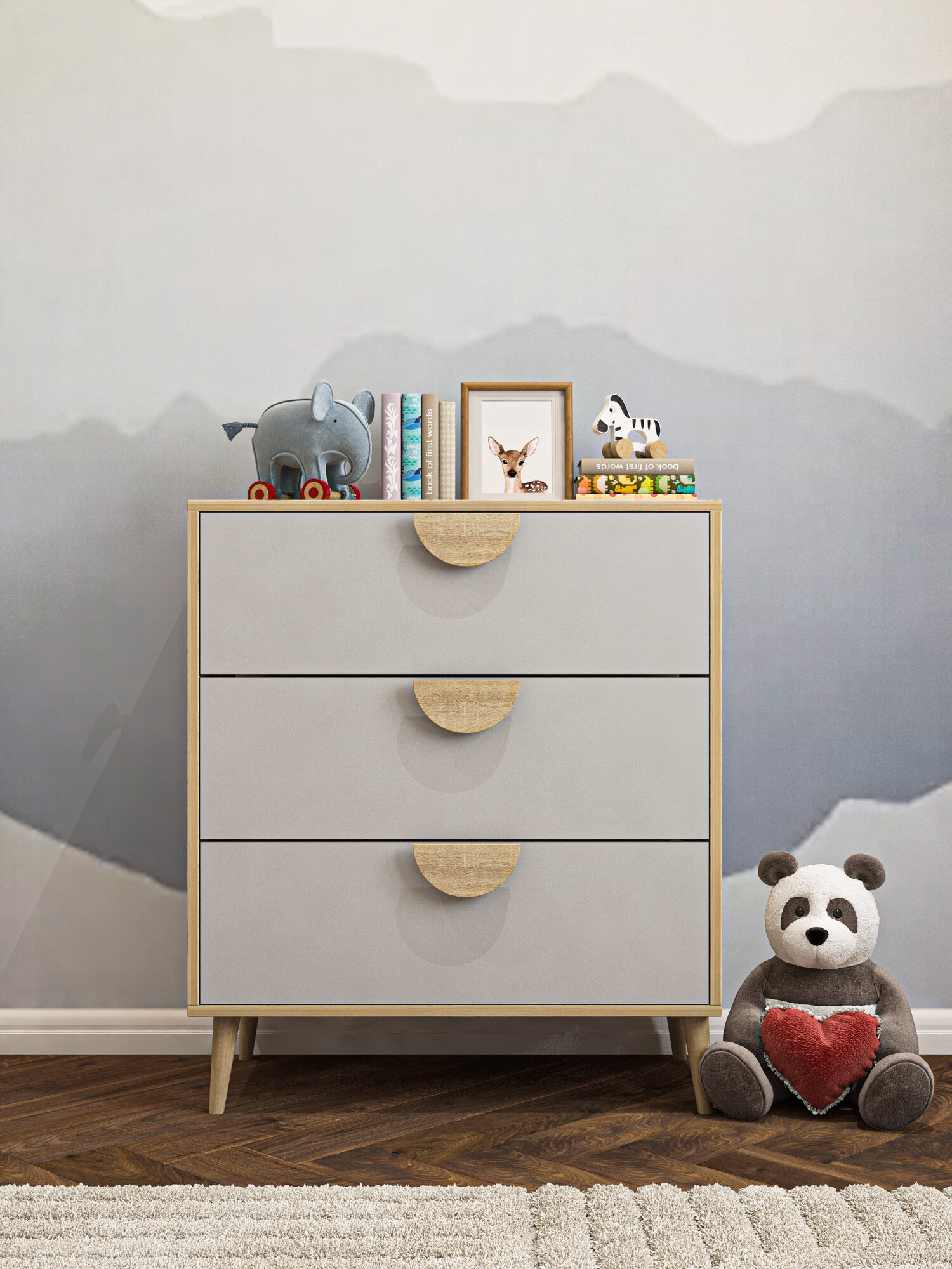 Комод Модерн Сонома/серый детский с 3 ящиками на ножках, деревянные ручки
