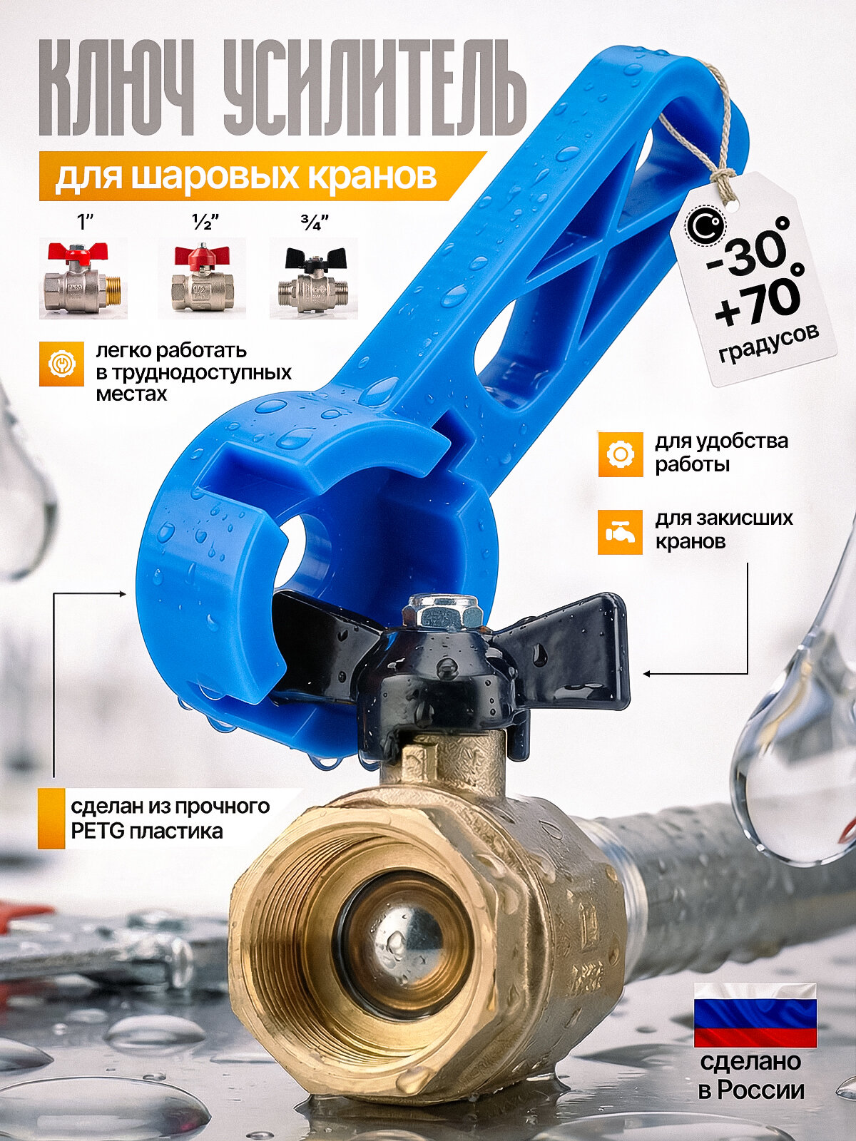 Ключ усилитель для шаровых кранов типа Бабочка 1" 3/4" 1/2" синий