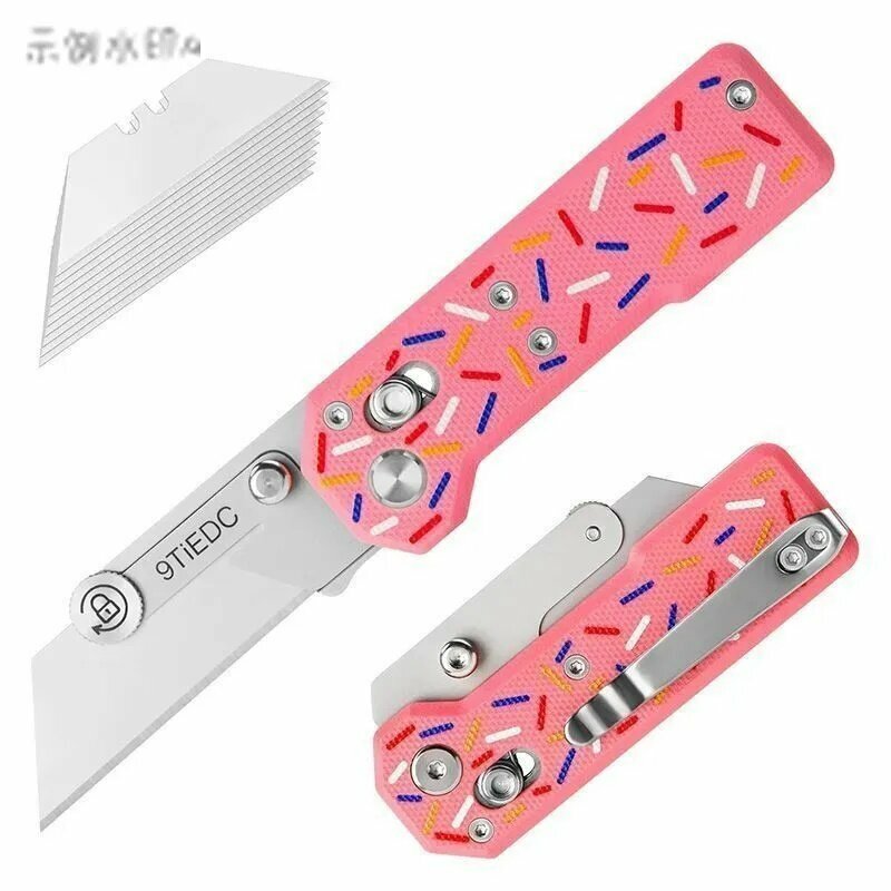 Ручка канцелярского ножа G10, Универсальный нож 10 лезвия в комплекте (Розовые)