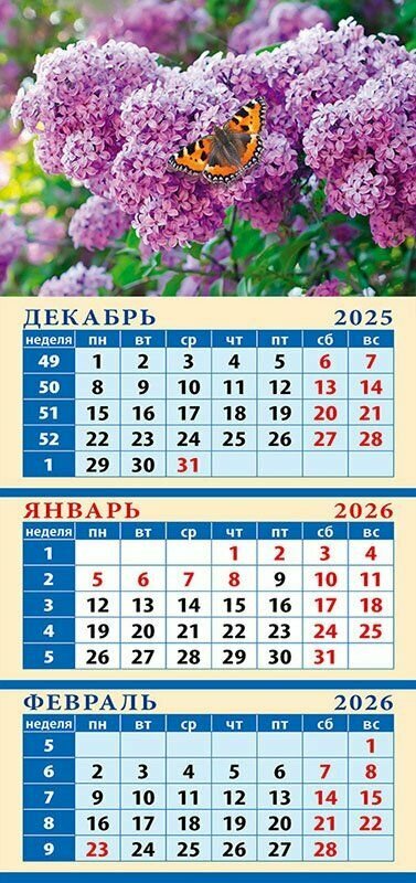 Календарь на 2026 год квартальный на магните 11*24,5 см Бабочка на сирени