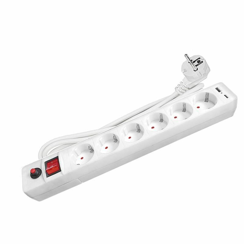 Удлинитель силовой Universal с сетевым фильтром, 6х1.8 м, с заземлением, 10А, IP20, 2.2 кВт, USB type A, type C, 3х0.75 мм2, с выключателем, белый