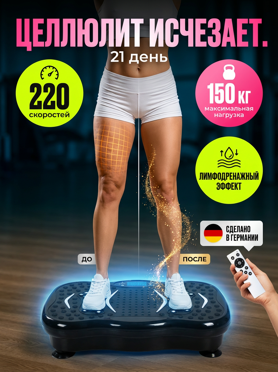 Виброплатформа для похудения 150 кг тренажер кардио степпер, пульт, чёрный, с Bluetooth