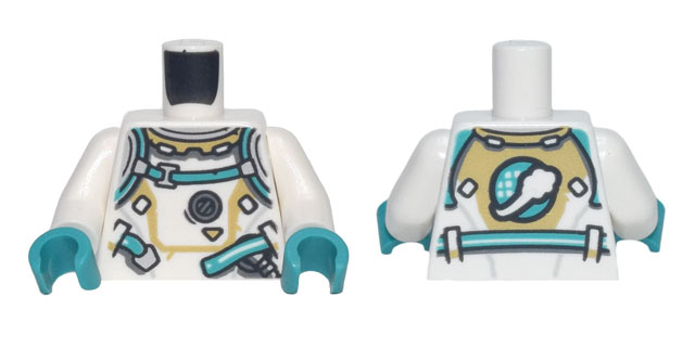 Torso Spacesuit Dark Turquoise Straps and Belt, Planet with White Cloud Symbol Pattern / White Arms / Dark Turquoise Hands, 973pb4641c01 White U
