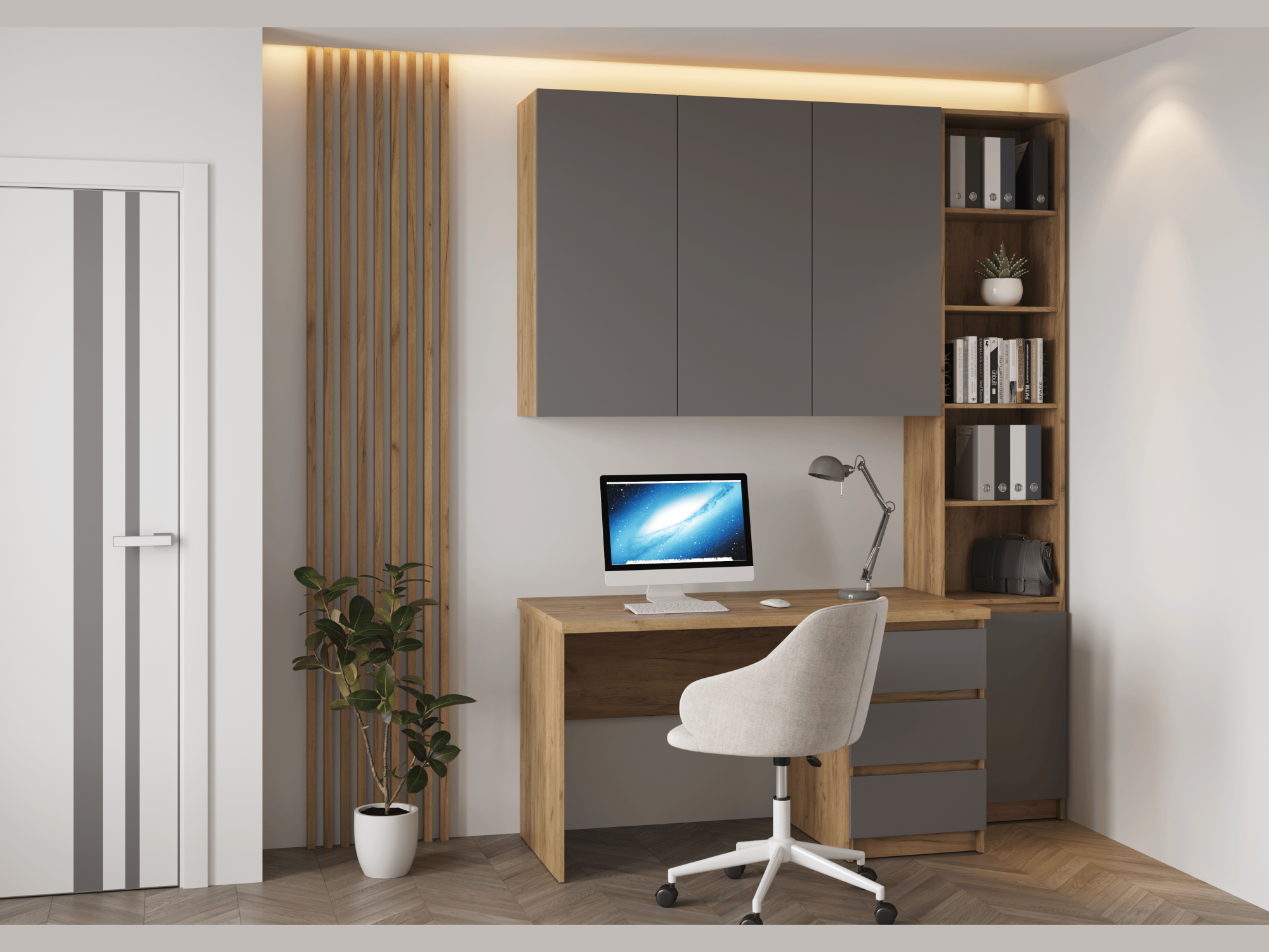 Кабинет для школьника, из ЛДСП, стол и навесной шкаф, крафт золотой/серый шифер