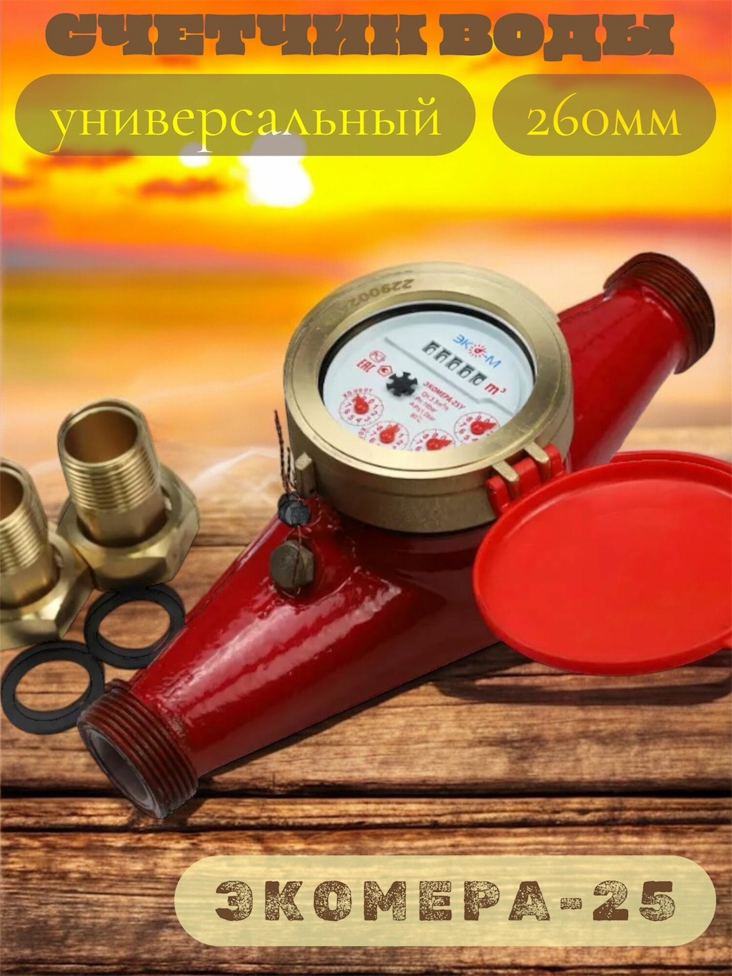 Счетчик воды "Экомера -25 260 мм", латунь, для горячей и холодной, с монтажным комплектом