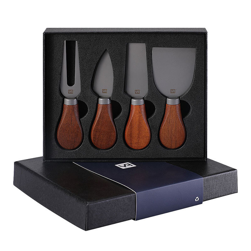 Набор ножей для сыра с ручкой из акации, черная подарочная коробка, набор из четырех предметов для сыра и пиццы, ножи из нержавеющей стали