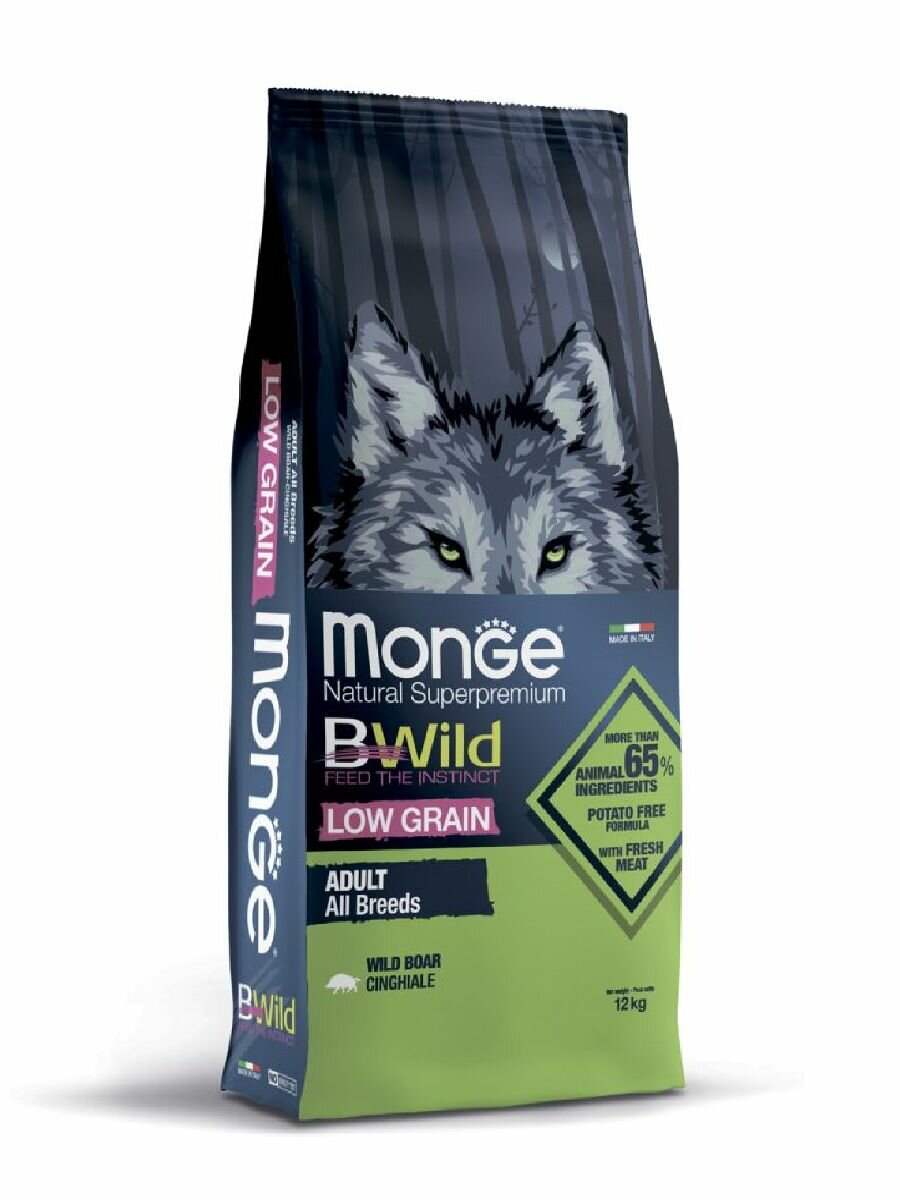 Monge Dog BWild Low Grain сухой низкозерновой корм для взрослых собак всех пород с мясом дикого кабана 12кг