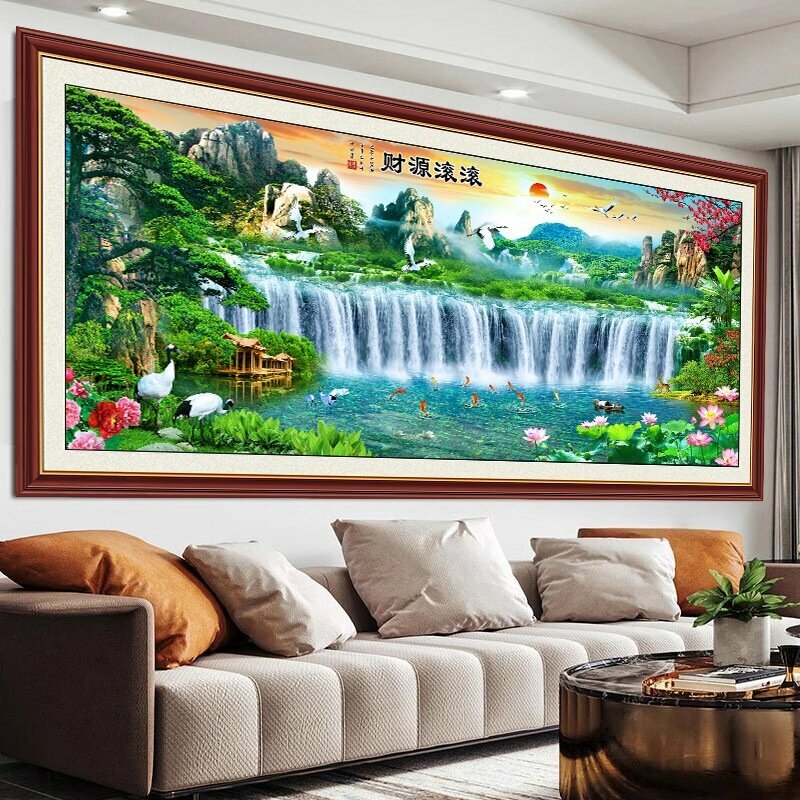 2025 Декоративная картина для стены за диваном, новая китайская стильная пейзажная живопись, текущая вода приносит богатство, самоклеящаяся обои-наклейка, мурал
