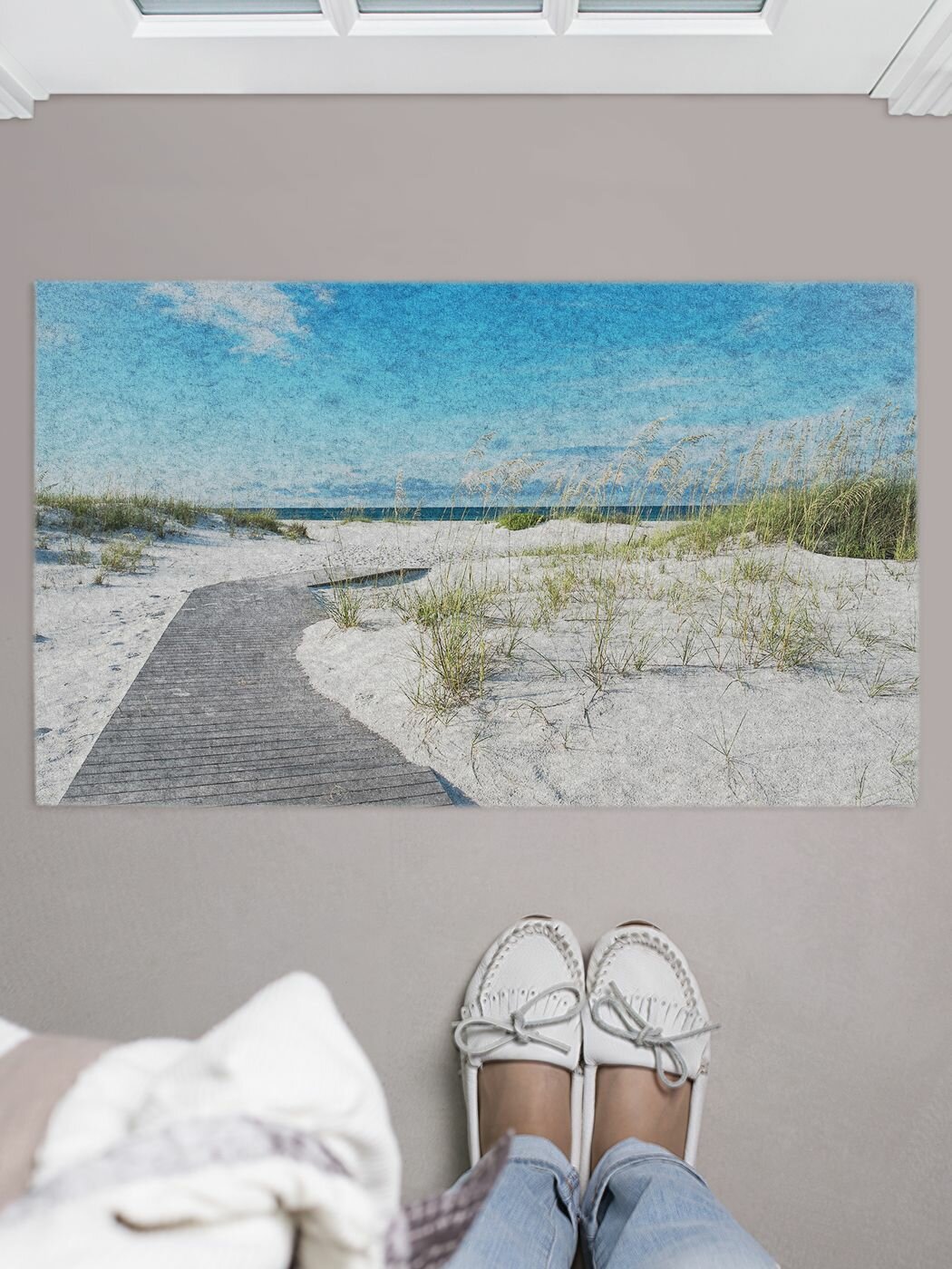 Коврик придверный в прихожую с принтом "Дорожка через светлый пляж" 45 на 75 см , JoyArty