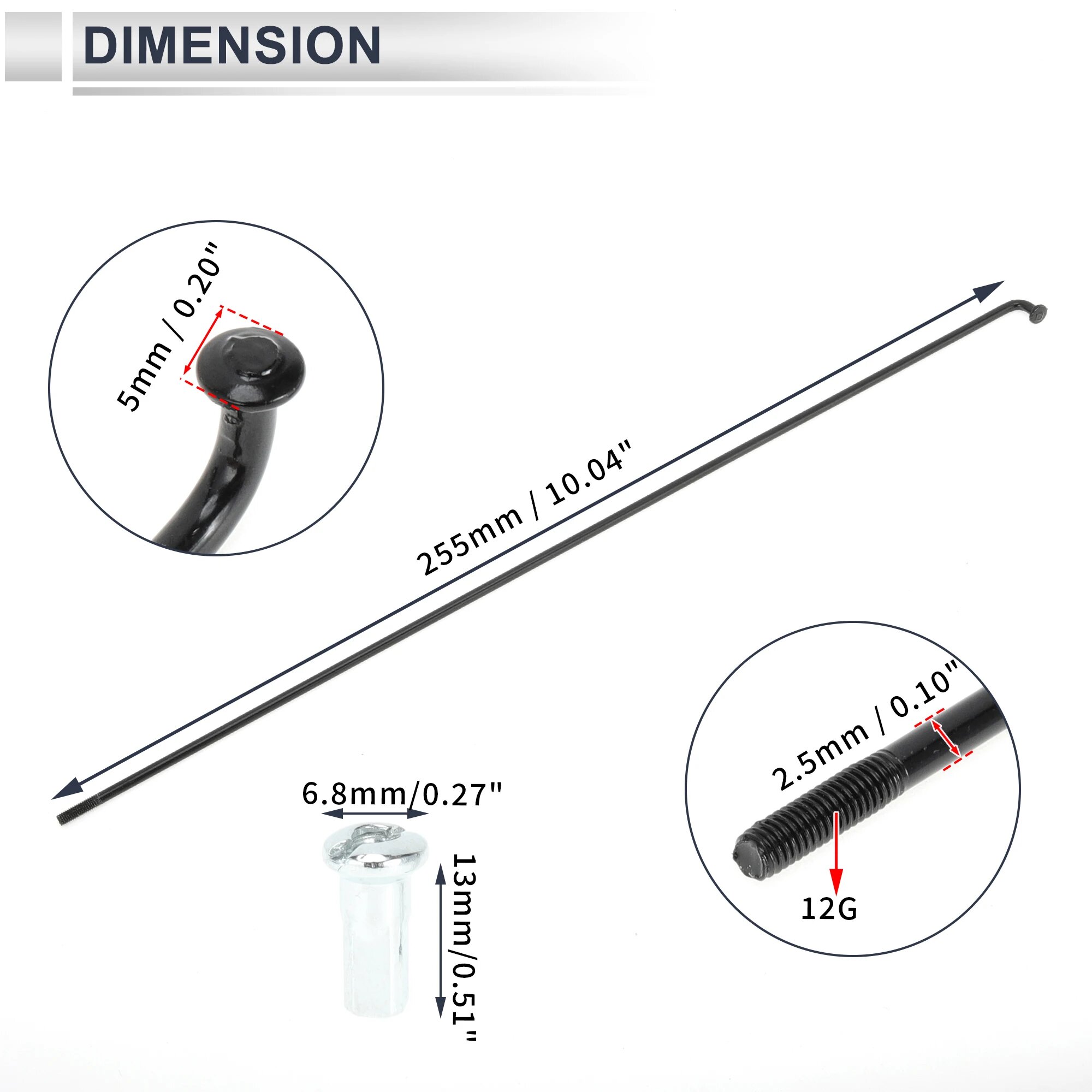 Велосипедные спицы 255mm 12G черные 36 шт.