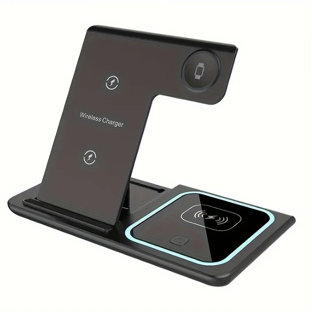 Высококачественное беспроводное зарядное устройство 3 в 1, портативный индикатор синего света, станция быстрой зарядки, складная зарядная док-станция Black