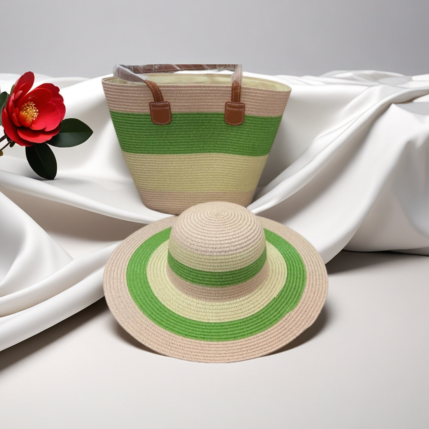 2026 Кросс-бордер Соломенная шляпа Соломенная сумка Двухкомпонентный набор Солнечная шляпа Большая вместимость Полосатая сумка через плечо Пляжная сумка Фабричный магазин