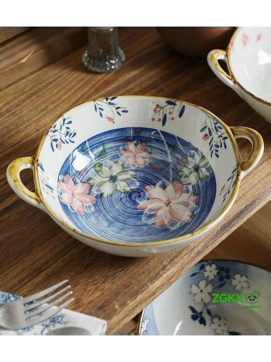 Керамическая чаша с двумя ушками и узором Лотос 650 мл / Салатница / Супница / Фруктовая тарелка