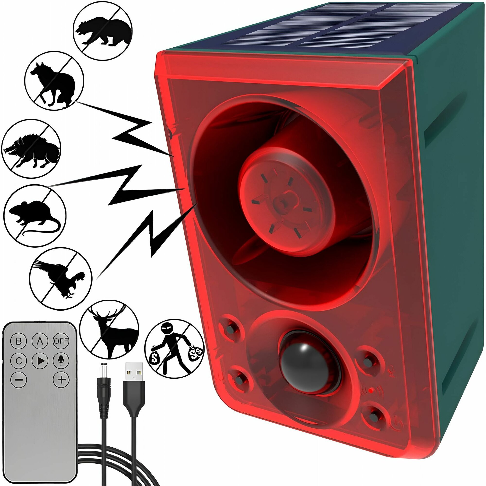 GJX Уличная сигнализация с датчиком движения, 130 дБ, звук лай собаки и выстрела, с пультом для дома, дачи, двора, курятника, фермы.