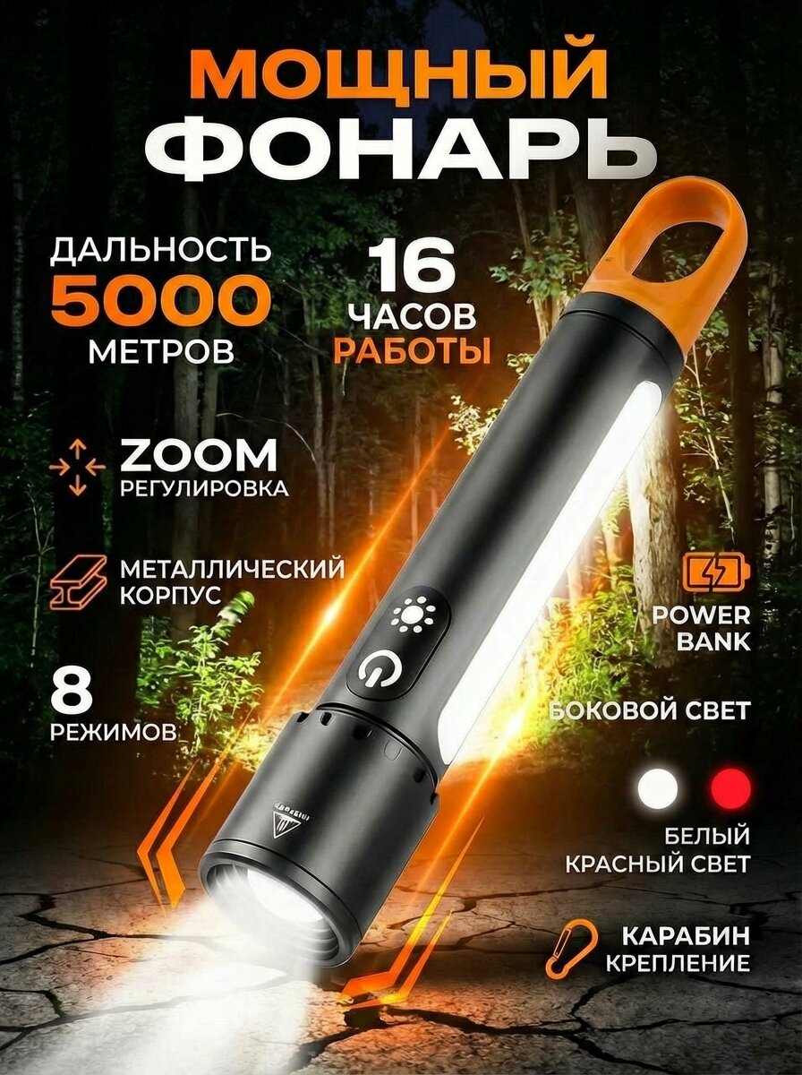 Фонарь лазерный аккумуляторный ручной с боковым светильником и Power Bank с карабином