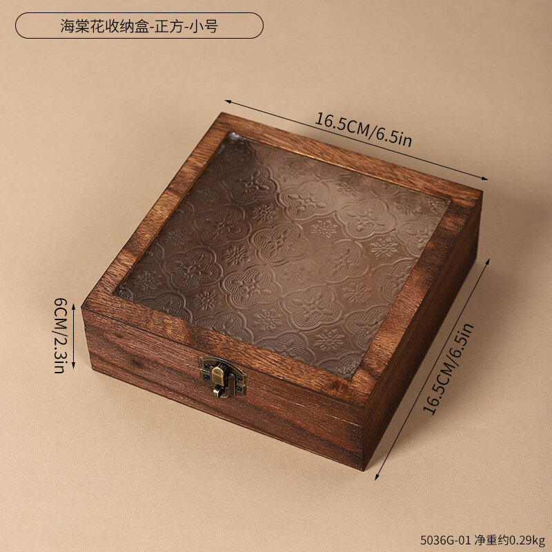 2026 Ретро деревянная коробка для хранения с цветком бегонии, стеклянная коробка с откидной крышкой, настольный органайзер для мелочей, деревянная коробка для домашнего хранения мелочей