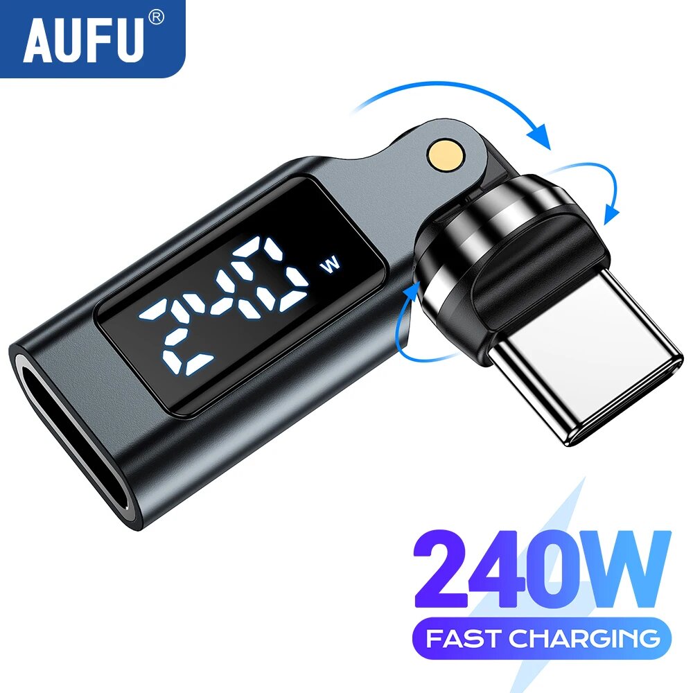 Адаптер AUFU PD240W 5A Type-C: USB Type-C (штекер) на Type-C (гнездо) с цифровым дисплеем, OTG-конвертер для iPhone 17, Samsung, Xiaomi, ноутбуков