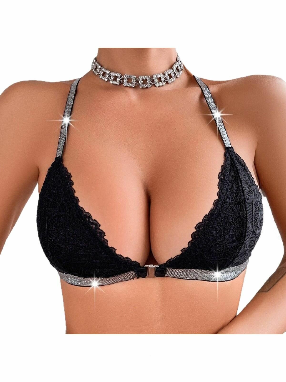 Кружевной бескостный бюстгальтер-треугольник, Черный - XS