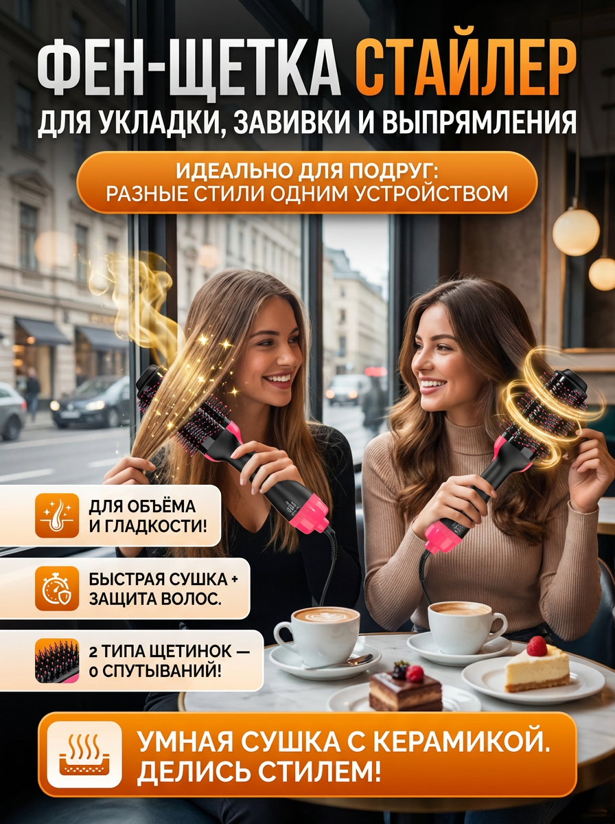 Фен-щетка для волос 3 в 1, Термощетка, Выпрямитель для волос, Стайлер, Расческа
