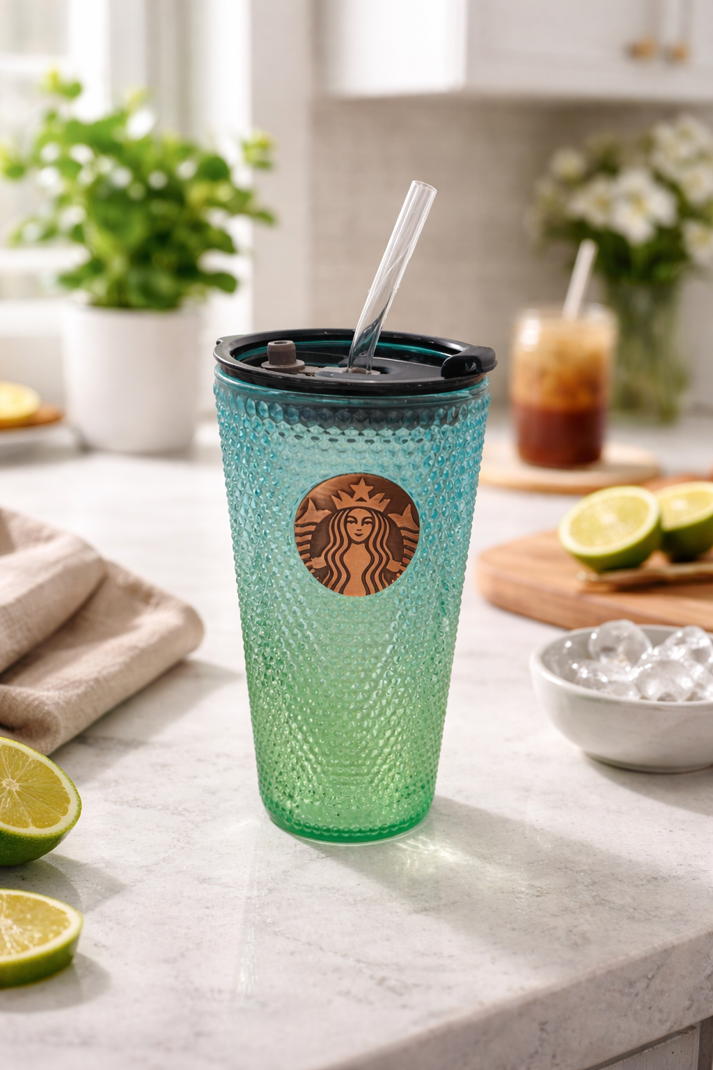 Стакан стеклянный Limited Edition, зеленый, стеклянная трубочка, пластиковая крышка, 500 мл