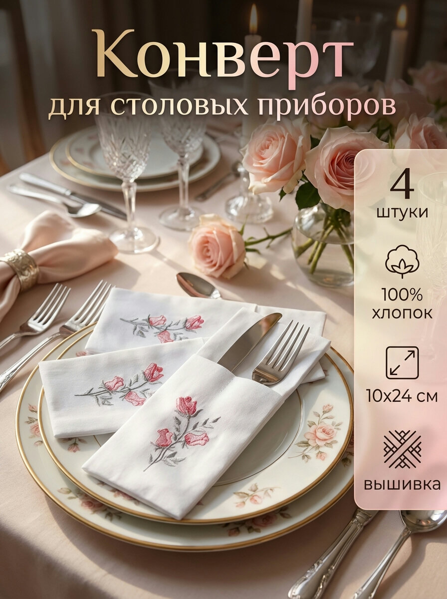 Конверт Felante для столовых приборов с вышивкой "Нежные розы" 10х24 см, 100% хлопок, 4 шт.