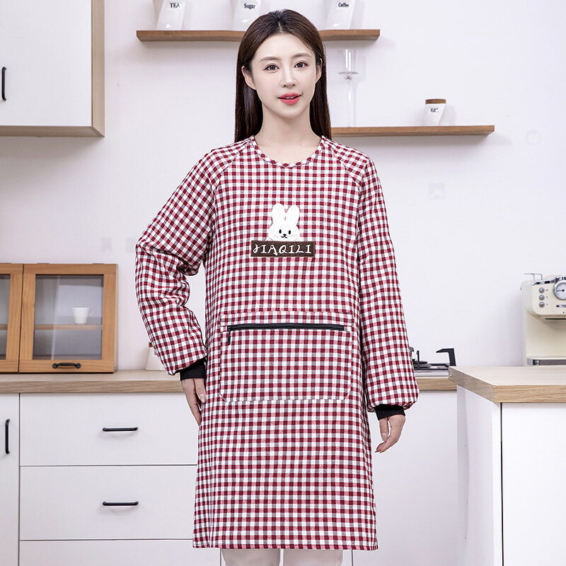 Хлопковый фартук с длинными рукавами и стильной вышивкой в виде кролика, подходит для работы по дому, приготовления пищи, защиты от пыли и пятен, удобная и дышащая рабочая одежда.