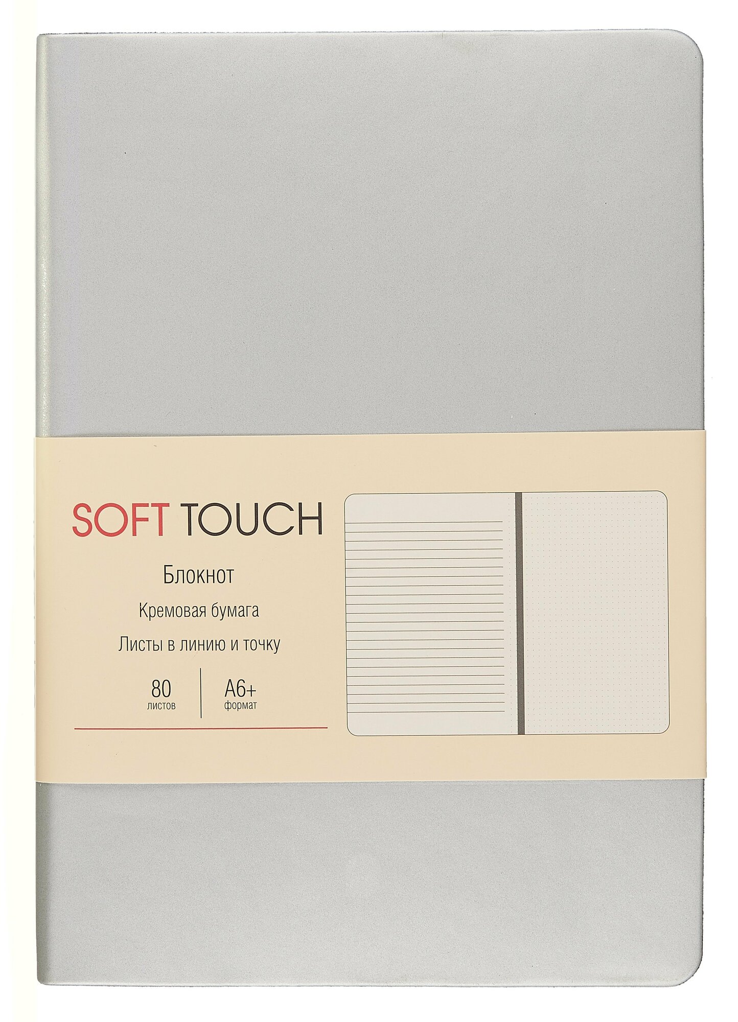 Записная книжка А6+ 80л "SOFT TOUCH. Серебро" интегр. обл, иск. кожа, офсет 70г/м2, тонир, комбин. блок (в лин, точку, без лин.), скругл. углы, цв. форзацы, цв. торец, ляссе, инд. уп.