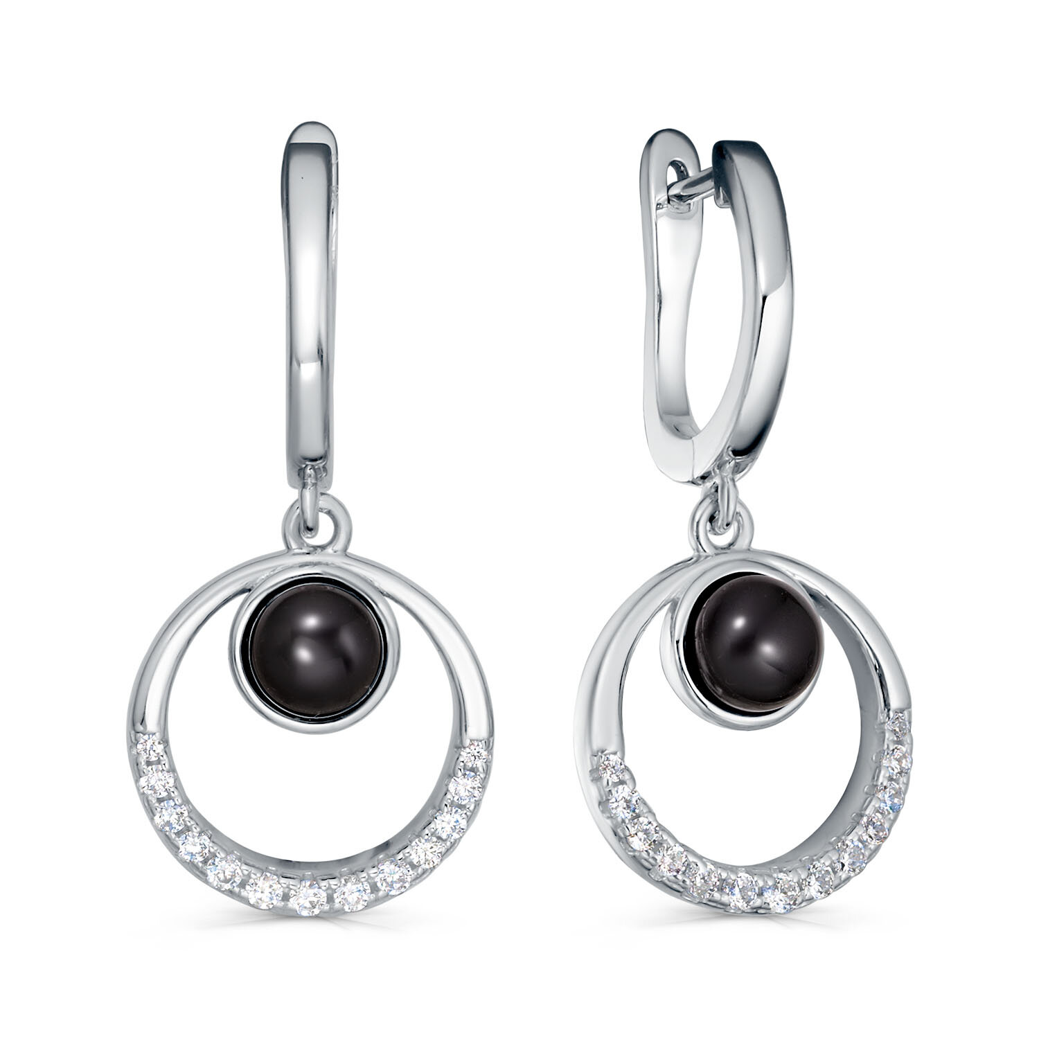 Серьги с подвесками, серебро, 925 проба, родирование, фианит, оникс