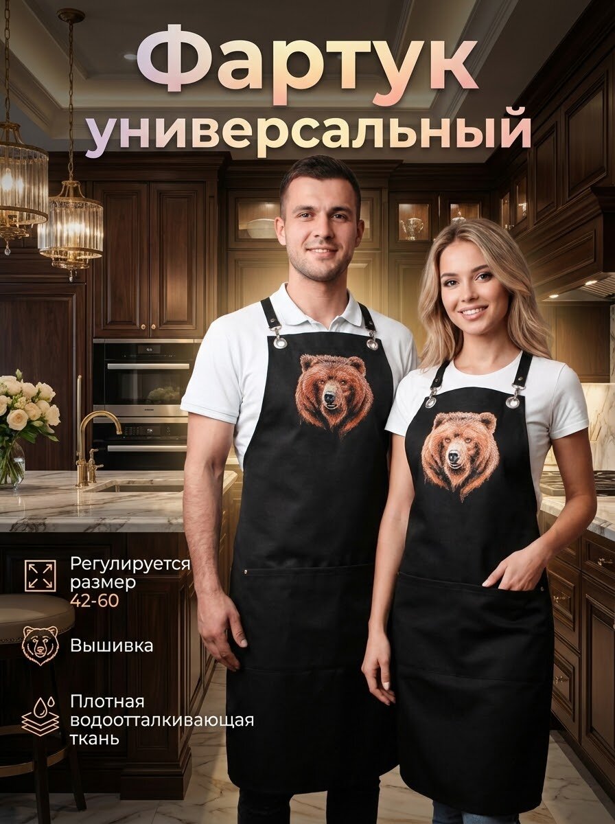 Фартук Мужской и женский с вышивкой "Медведь" (чёрный) 70х95
