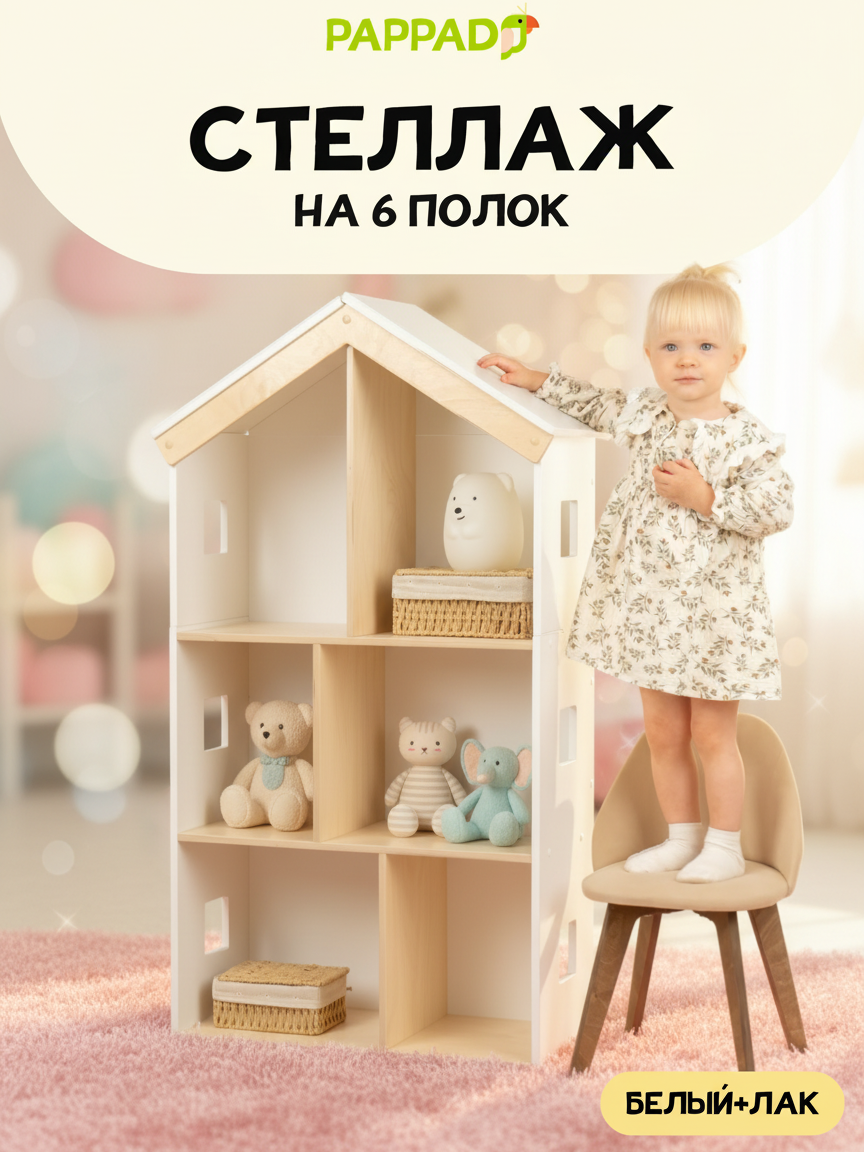 Стеллаж для игрушек "домик" для детской и гостиной от "Pappado", цвет белый-лак