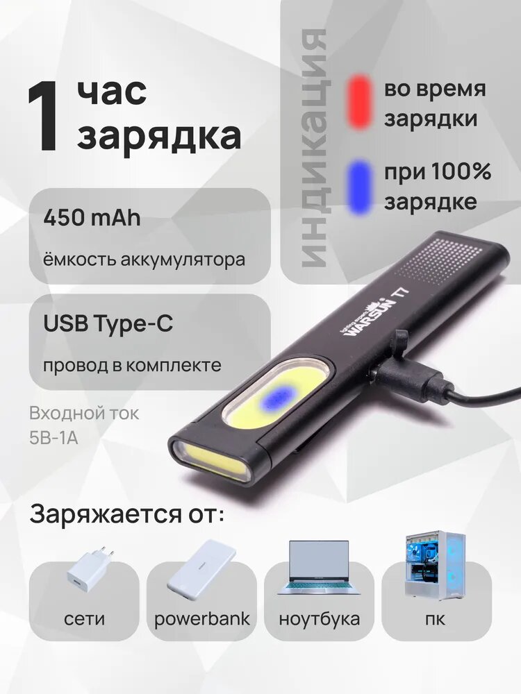 Фонарь ручной WARSUN T7 карманный светодиодный 450 люмен 10 часов работы на клипсе и магните черный — фото 1