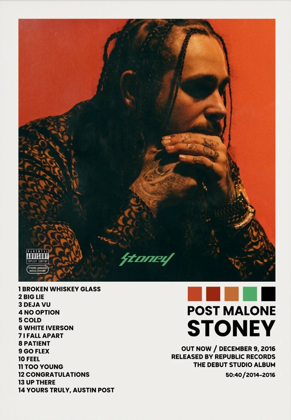 Печать на холсте Post Malone Stoney, 30X42cm, by-4
