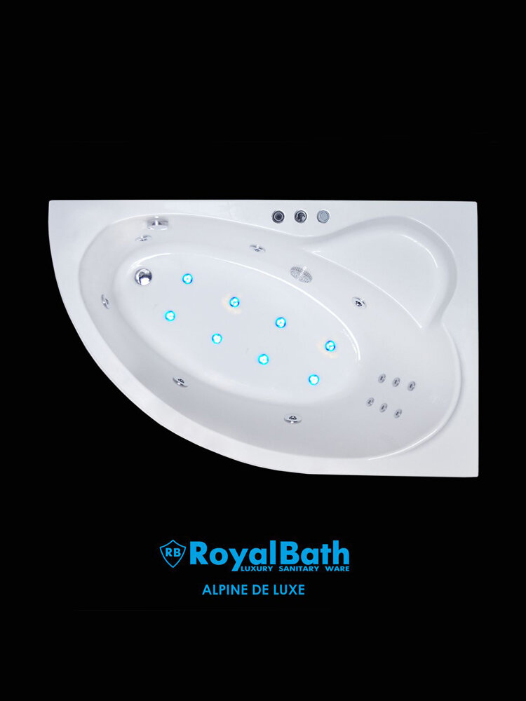 Гидромассажная ванна акриловая угловая правая Royal Bath Alpine 150x100x58 с каркасом и панелью DE LUXE