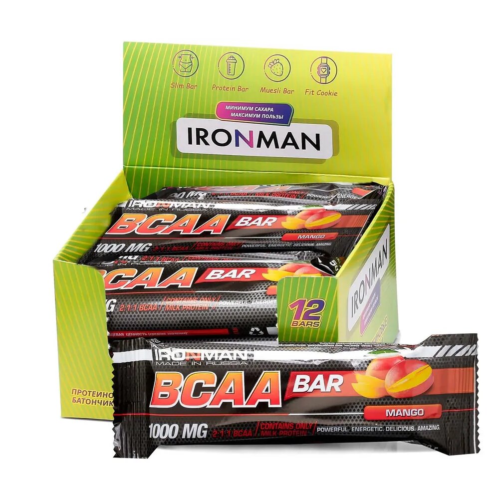 IRONMAN Протеиновый батончик BCAA Bar со вкусом манго, темная глазурь,12 штук.