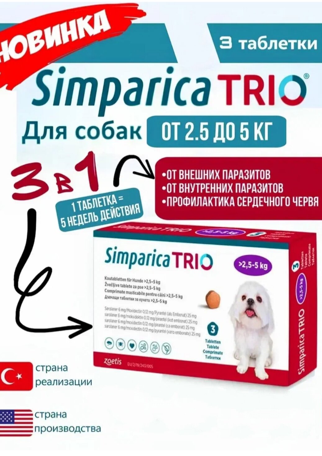 Zoetis Симпарика трио (Simparica TRIO) для собак весом 2.5 - 5 кг от блох и клещей