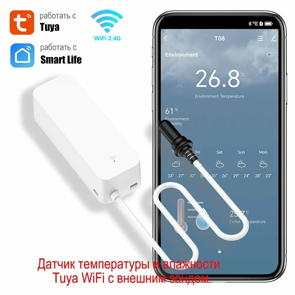Tuya WiFi датчик температуры и влажности с внешним зондом, предназначенный для измерения температуры и влажности, подходит для установки в холодильнике, аквариуме, винном шкафу и других местах