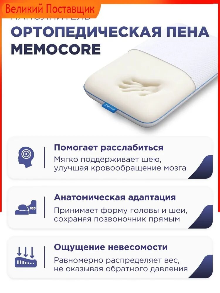 Ортопедическая подушка MEMOCORE 40x60см с эффектом памяти, высота 14 см