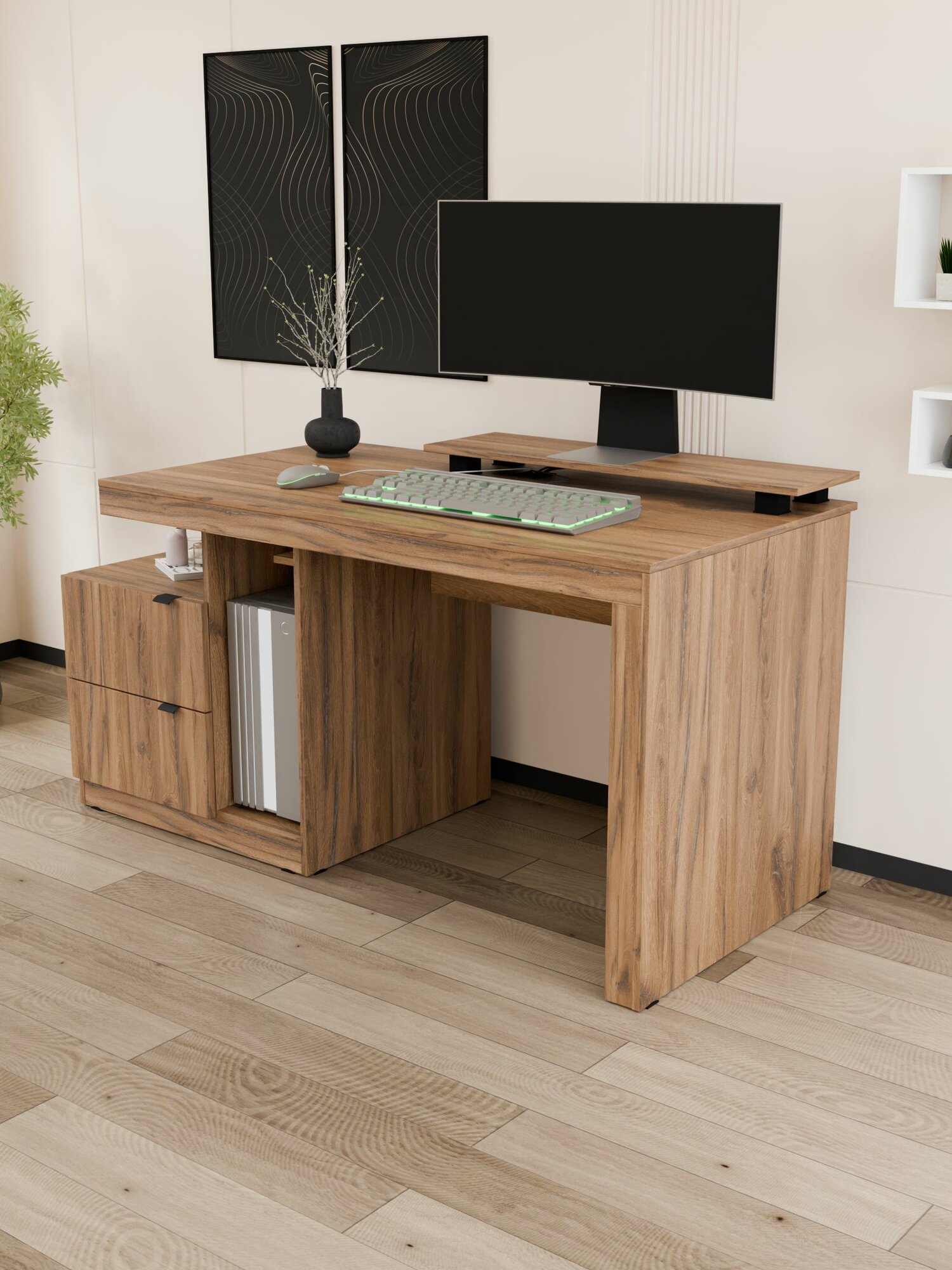 Изумлит Стол компьютерный для офиса и дома Вертикаль Лайт 162х80х74.5 см, тумба слева, дуб крафт табачный