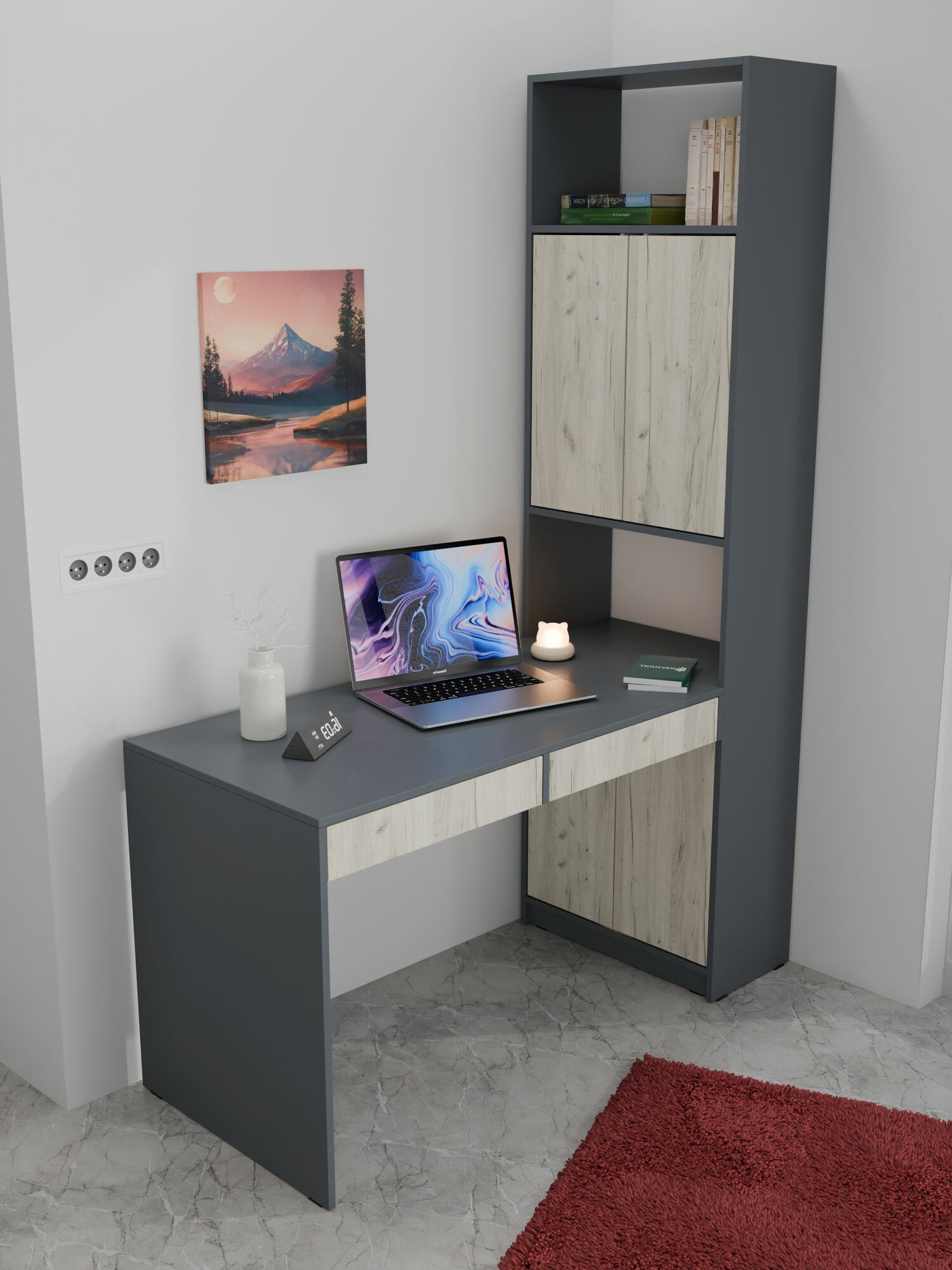 Изумлит Стол-стеллаж с дверьми письменный угловой, стеллаж справа 200х140х59.2 см, графит-дуб крафт белый