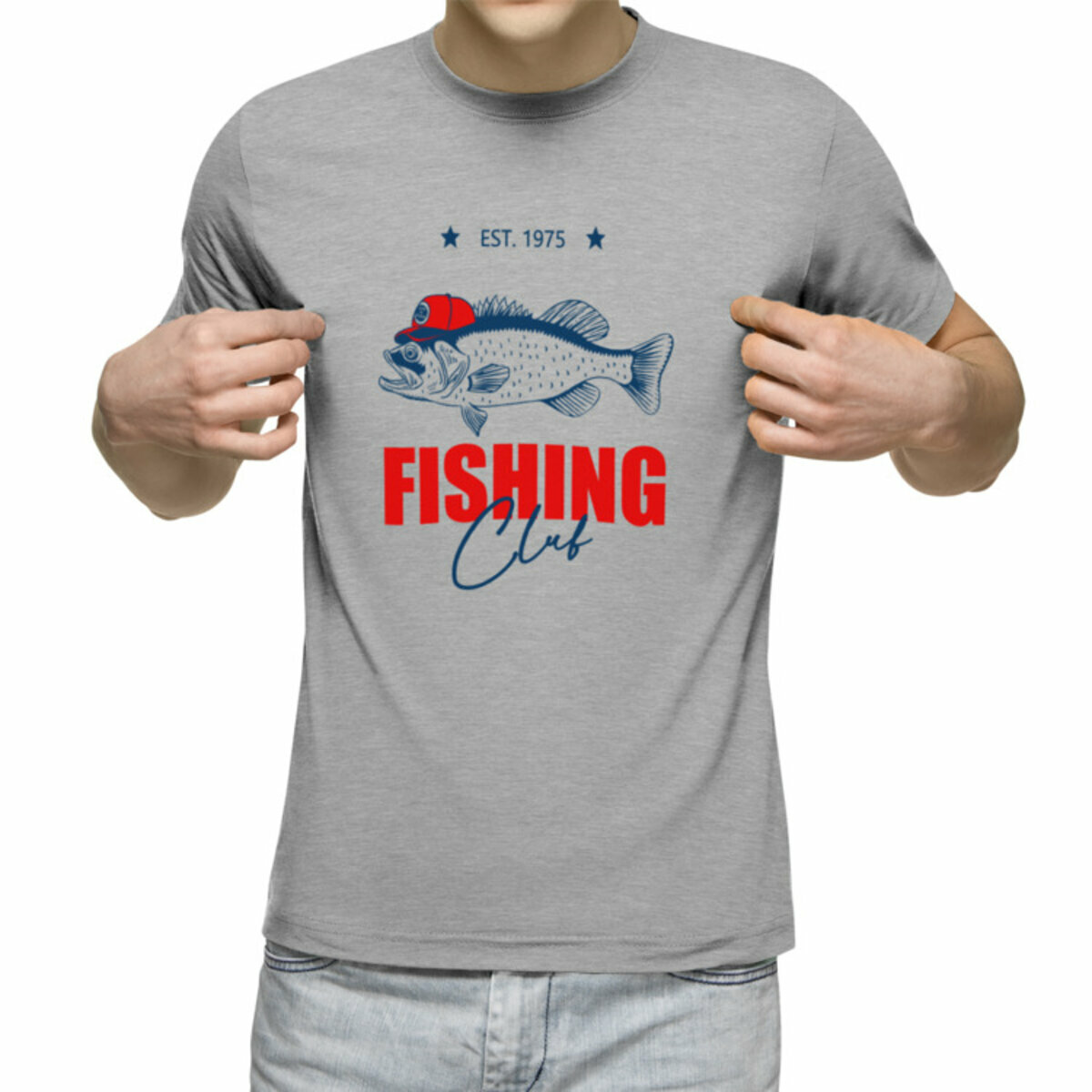 Мужская футболка «Рыболовный клуб. Рыбалка. Рыбка в кепке» (серый меланж, 2XL)