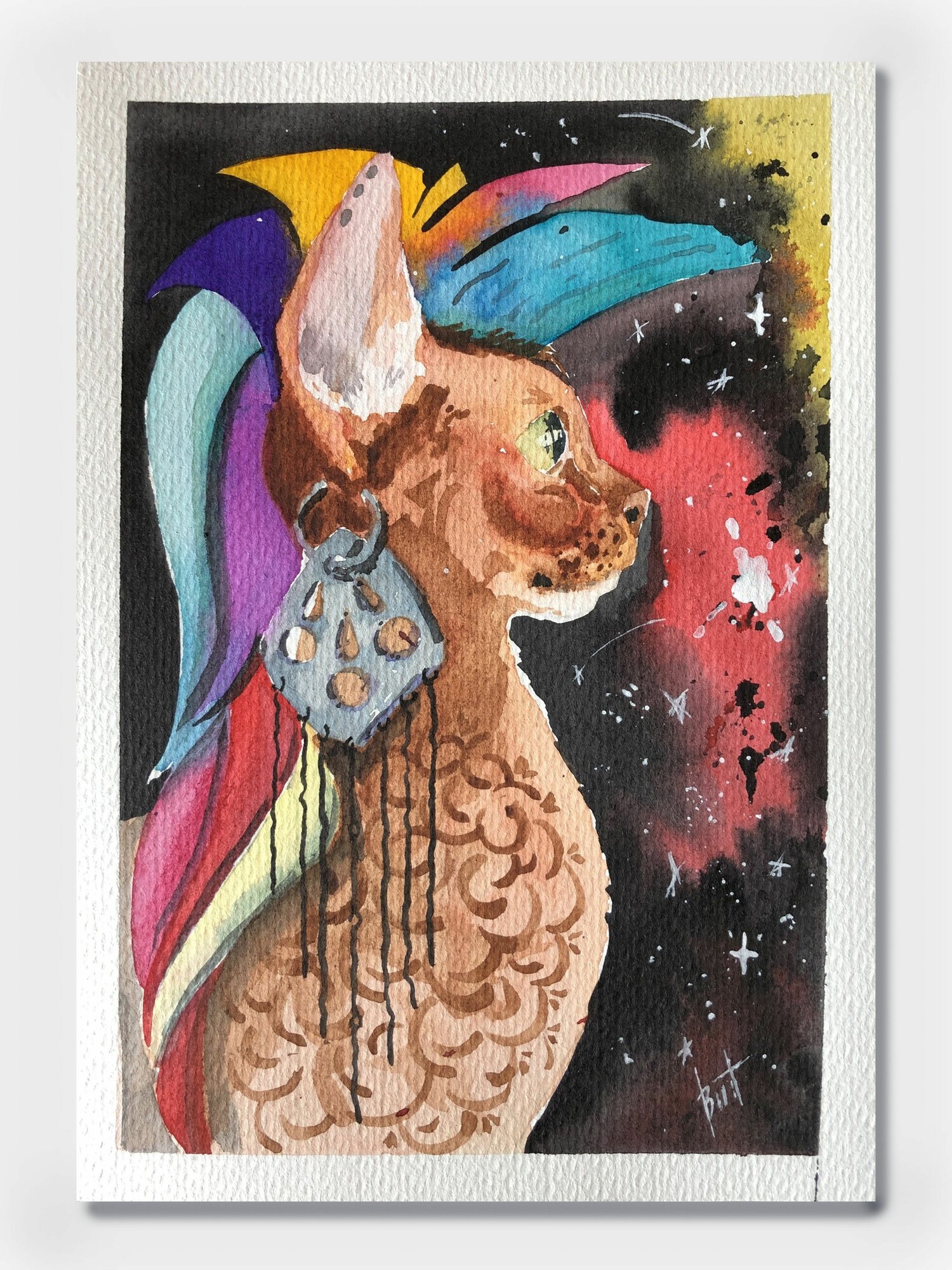 Картина "Абиссинская кошка Панк Рок", акварель, бумага, 19x13 см, без рамы